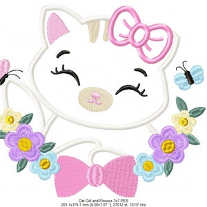 Cute Cat, Flowers and Butterfly - Machine Embroidery Design - Applique ...