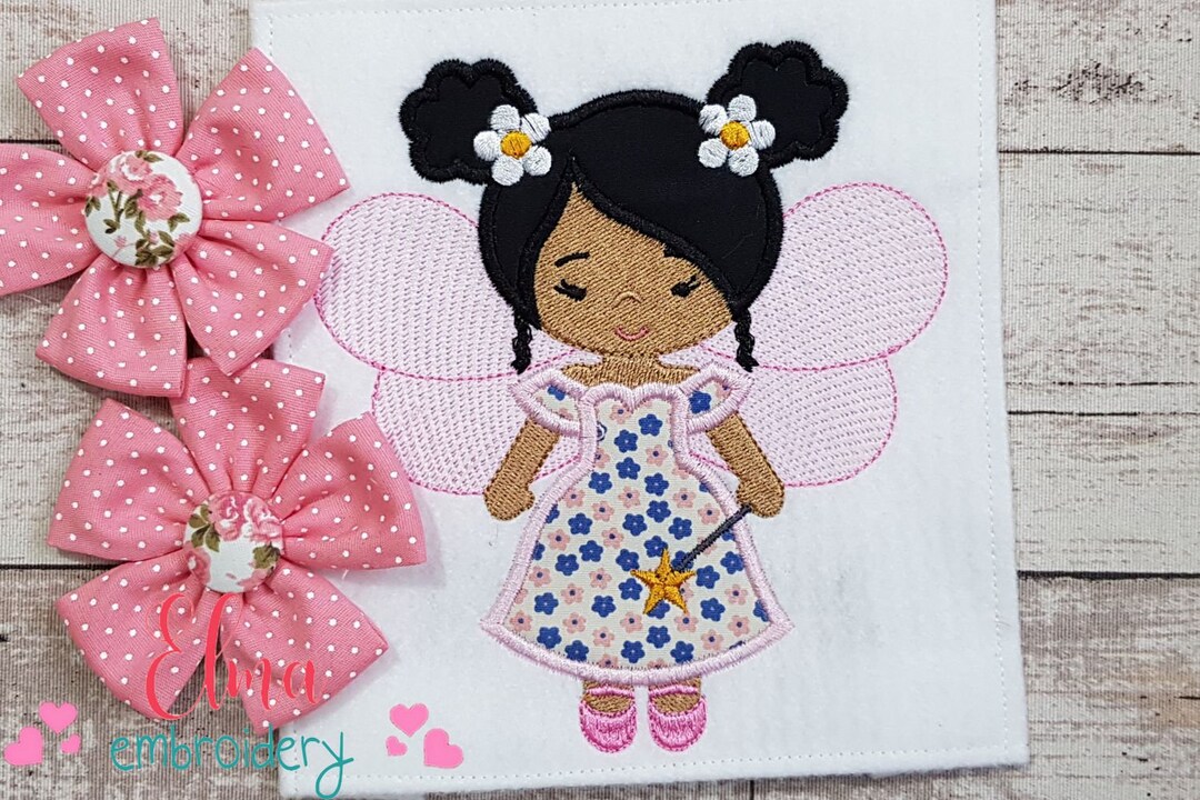Cute Afro Little Fairy - Applique - Fairy Embroidery - 4x4 5x5 6x6 7x7 ...