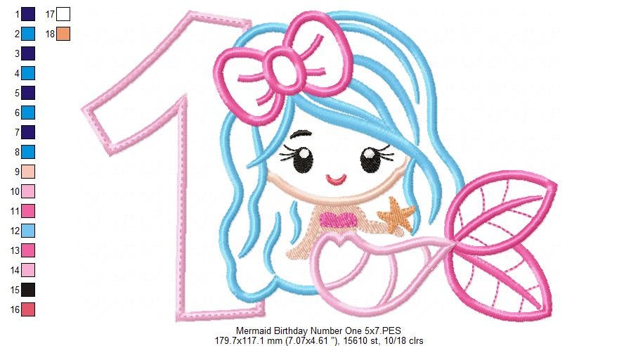 Mermaid Number 1 One 1st Birthday Applique 5x7 5x8 6x10 | Etsy