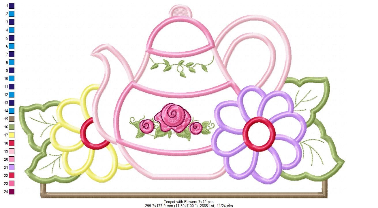 Teapot and Flowers Applique - Machine Embroidery Design (5x7 5x8 6x10 ...