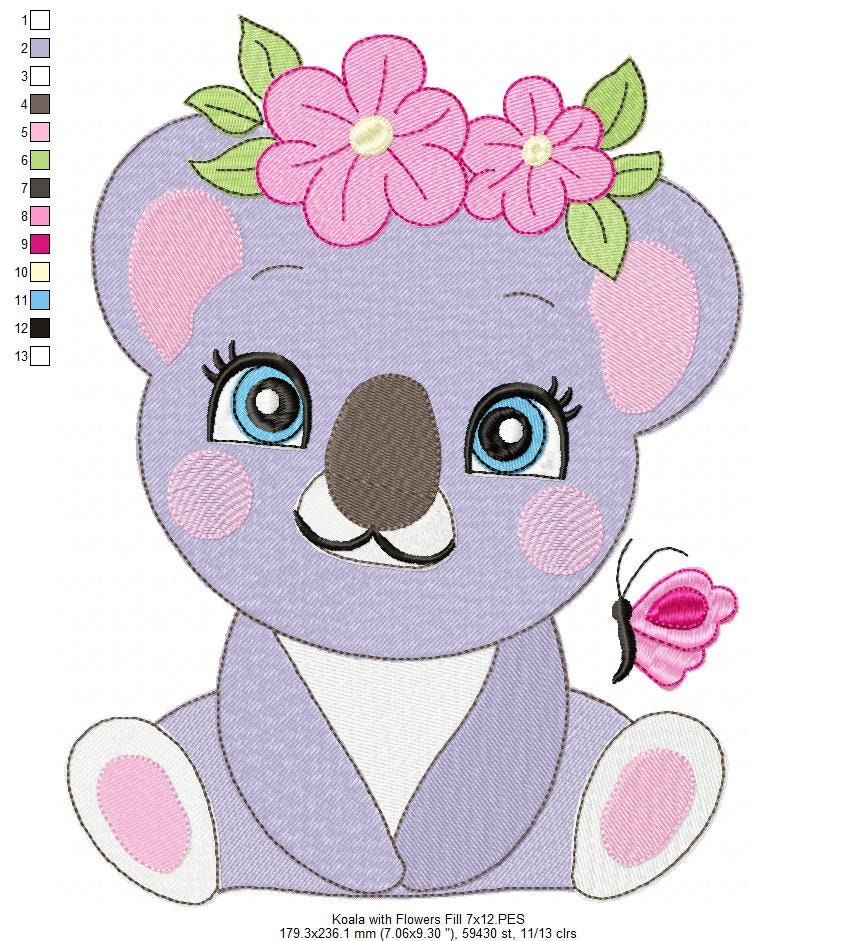 Koala Girl With Flowers Fill Stitch 4x4 5x4 5x7 5x8 6x10 - Etsy