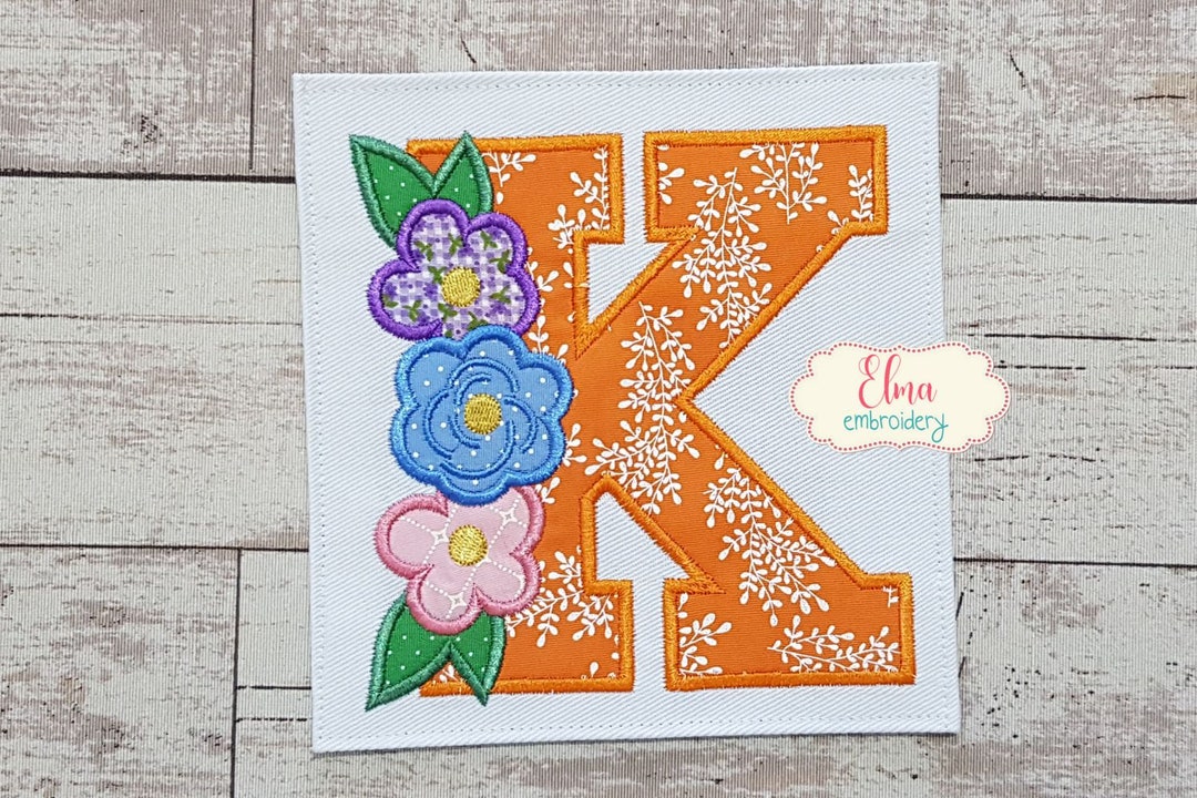 Monogram K and Flowers - Applique Embroidery - 4x4 5x5 6x6 7x7 ...