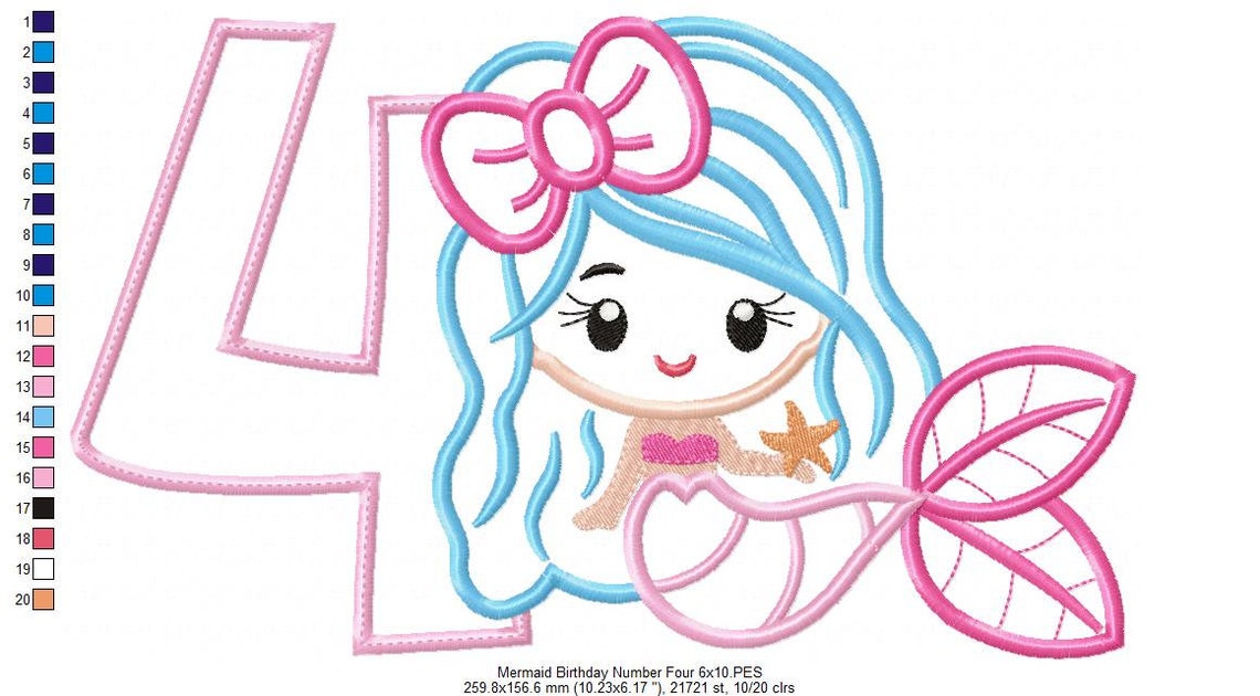 Mermaid Number 4 Four 4th Birthday Applique 5x7 5x8 6x10 - Etsy