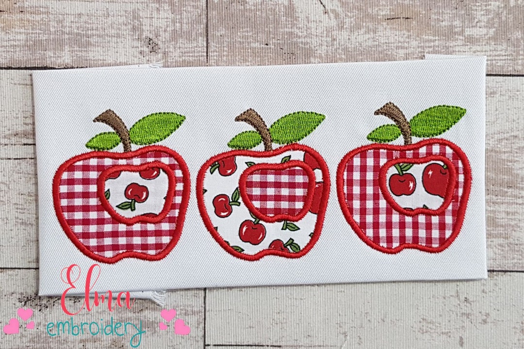 Three Red Apples - Applique Embroidery Design - 5x4 5x7 5x8 6x10 7x12 ...