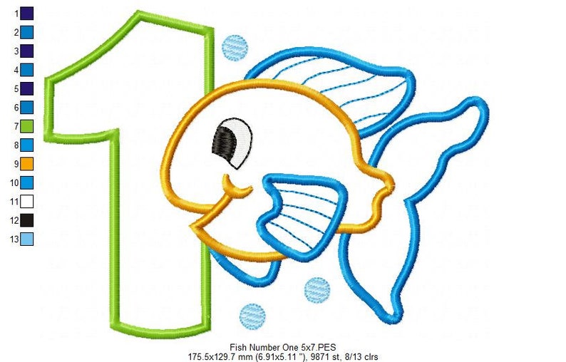 Fish Number 1 One 1st Birthday Applique Embroidery 4x4 5x7 - Etsy
