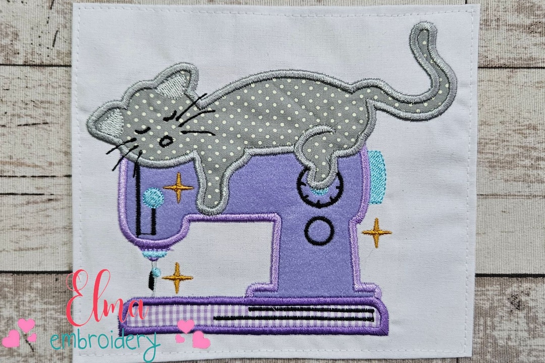 Cat Sleeping on a Sewing Machine - Machine Embroidery Design - Applique ...