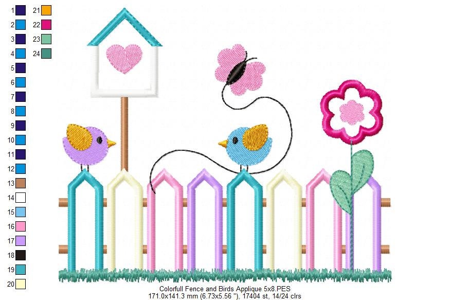 Colorful Fence and Birds Machine Embroidery Design (5x7 5x8 6x10 7x12 ...
