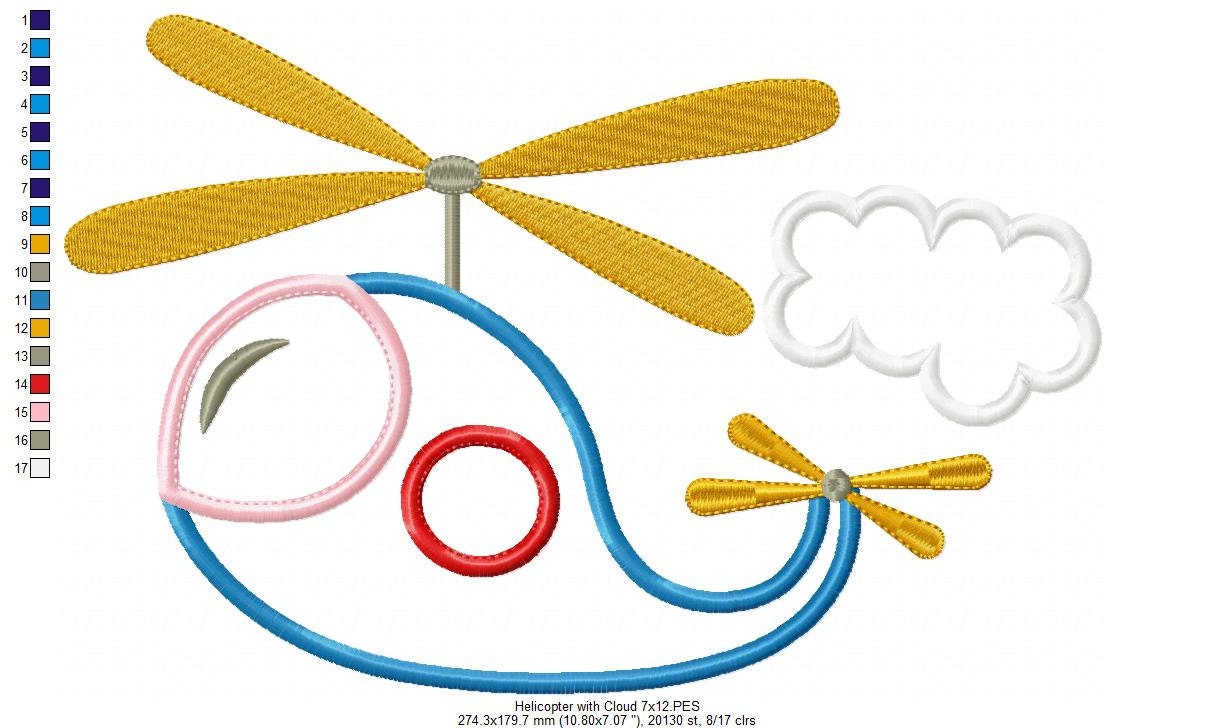 Helicopter and Cloud Applique Embroidery Design 4x4 5x4 | Etsy