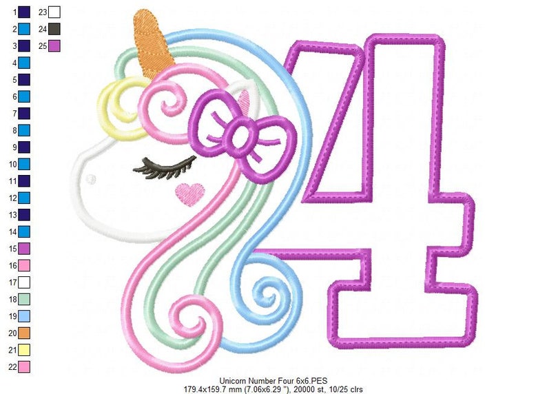 Unicorn Number 4 Applique: 4th Birthday Embroidery Design (digital ...