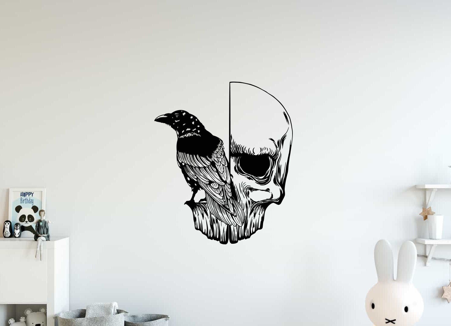 Crow on Skull Wall Decal Vinyl Sticker Bedroom Raven Home Grunge Decor ...