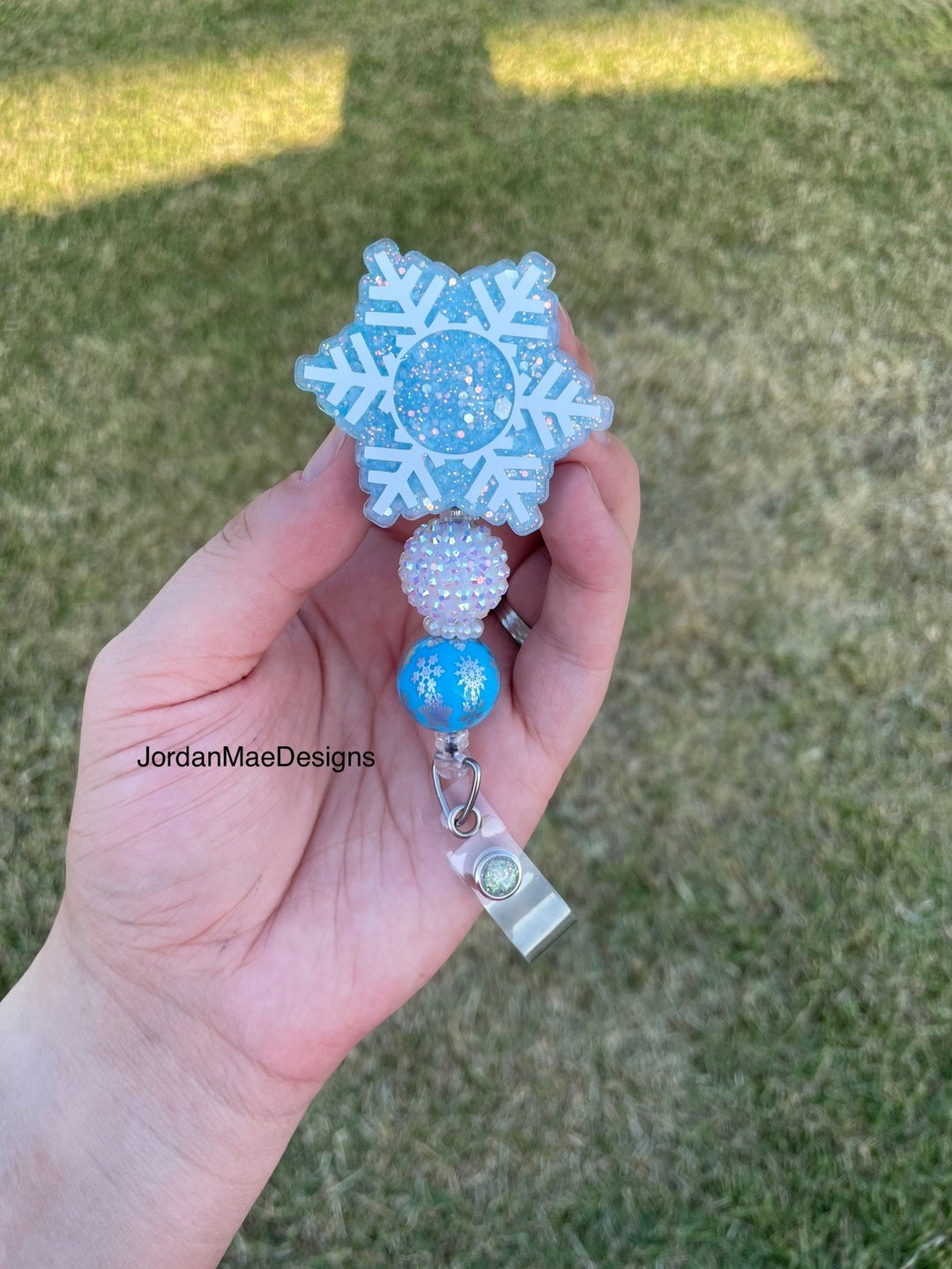 Snowflake Badge Reel | Beaded Badge Reel | Blue Glitter Badge Reel | Christmas Badge Reel | Id ...