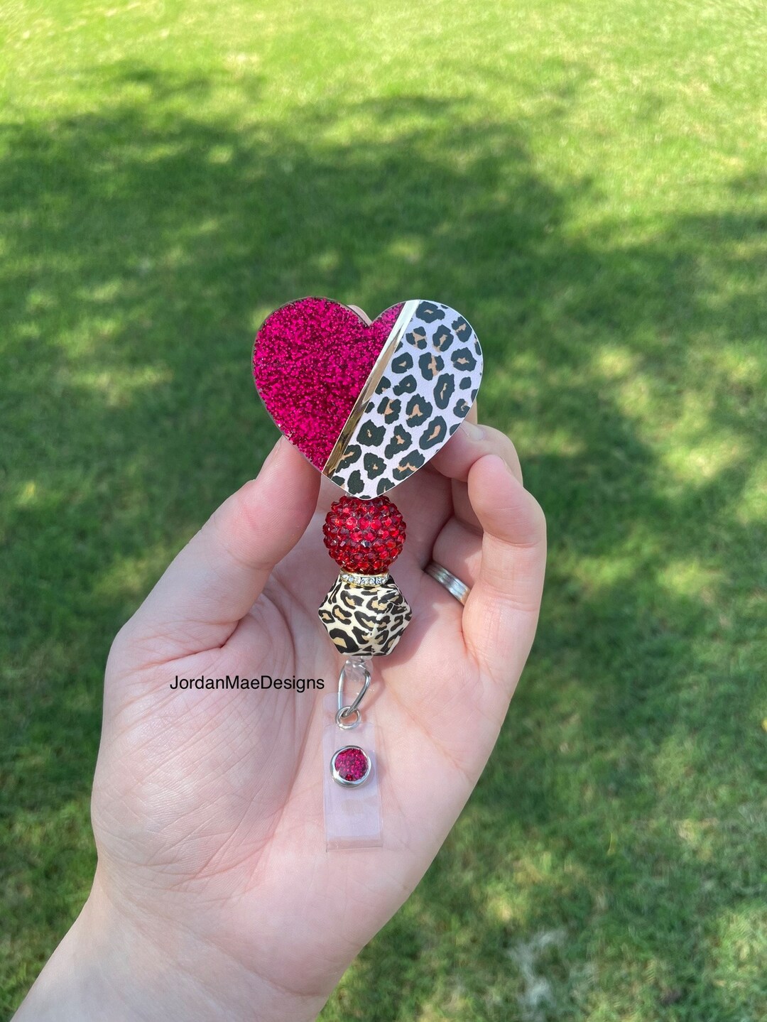 Leopard Red Heart Badge Reel | Beaded Glitter Badge Reel | Leopard Gold ...