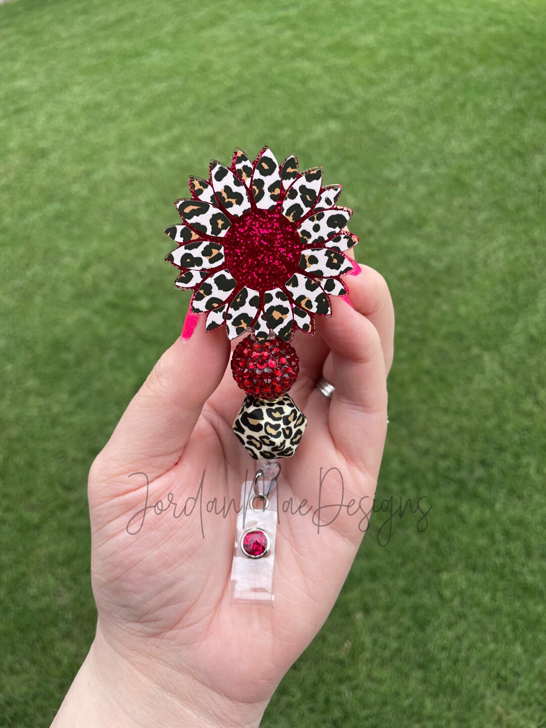 Leopard Red Sunflower Badge Reel Beaded Badge Reel Glitter - Etsy