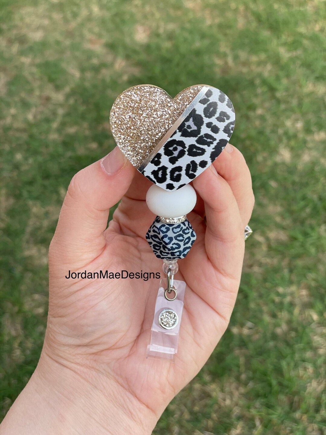 Leopard Heart Badge Reel | Beaded Glitter Badge Reel | Leopard Silver ...