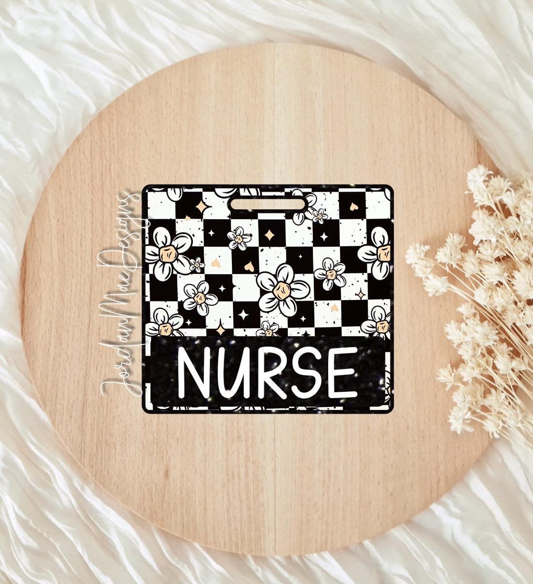Black and White Checkered Floral Badge Buddy | Checkered Board Glitter ...