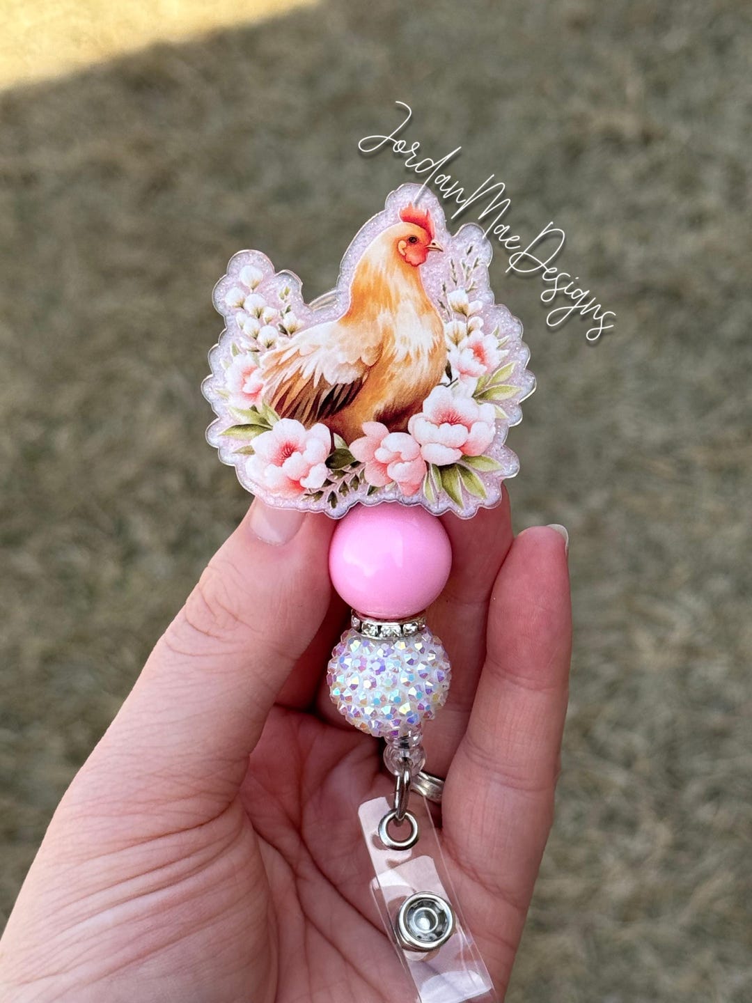 Chicken Badge Reel | Pink Floral Chicken Beaded Badge Reel | Beaded ...