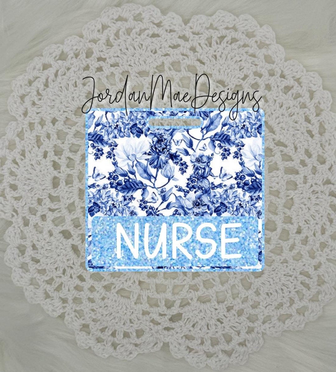 Blue and White Floral Badge Buddy | Blue Badge Buddy | Flower Badge ...