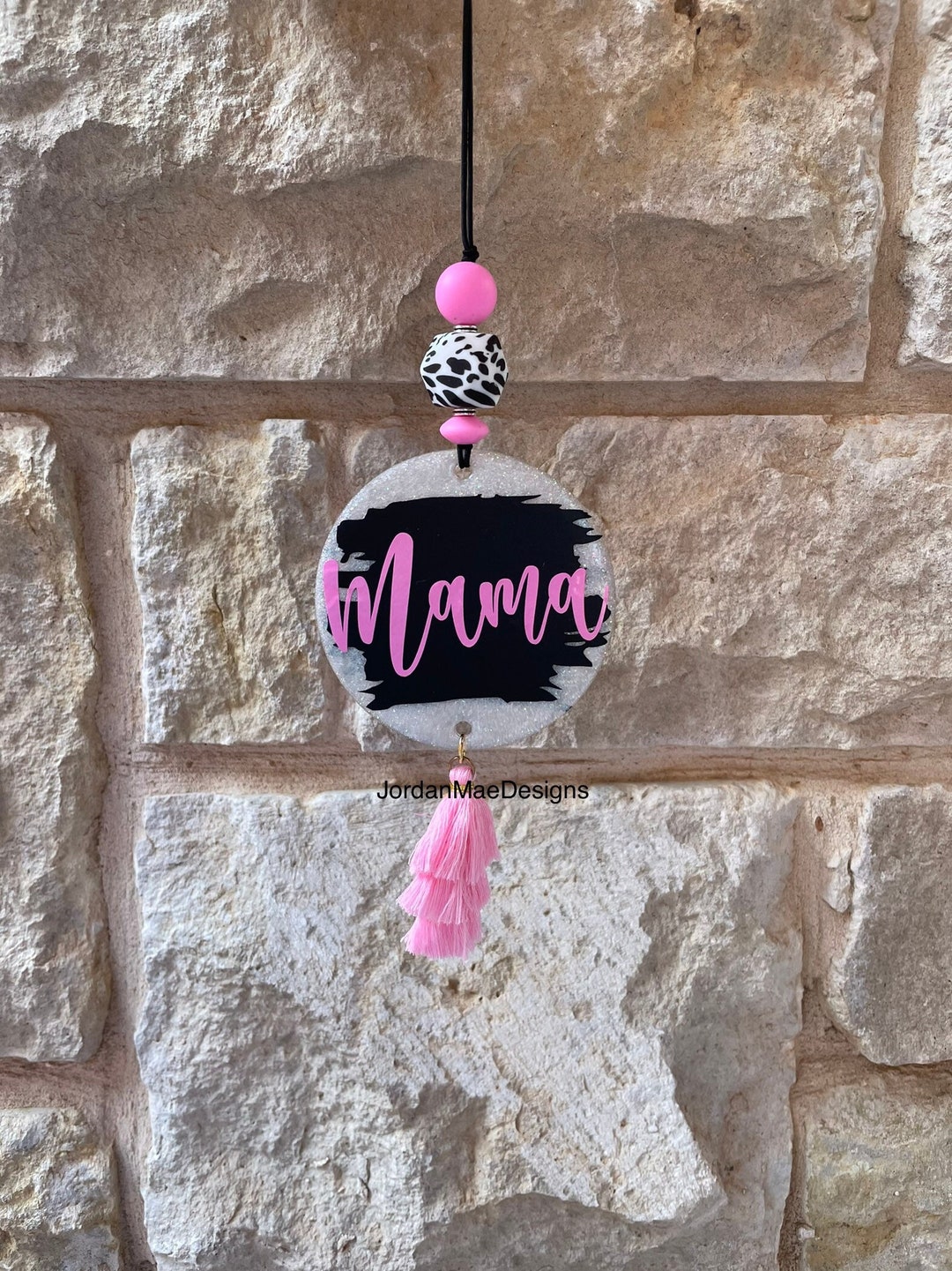 Pink Cow Car Charm | Personalized Beaded Cow Car Accessory | Rearview ...
