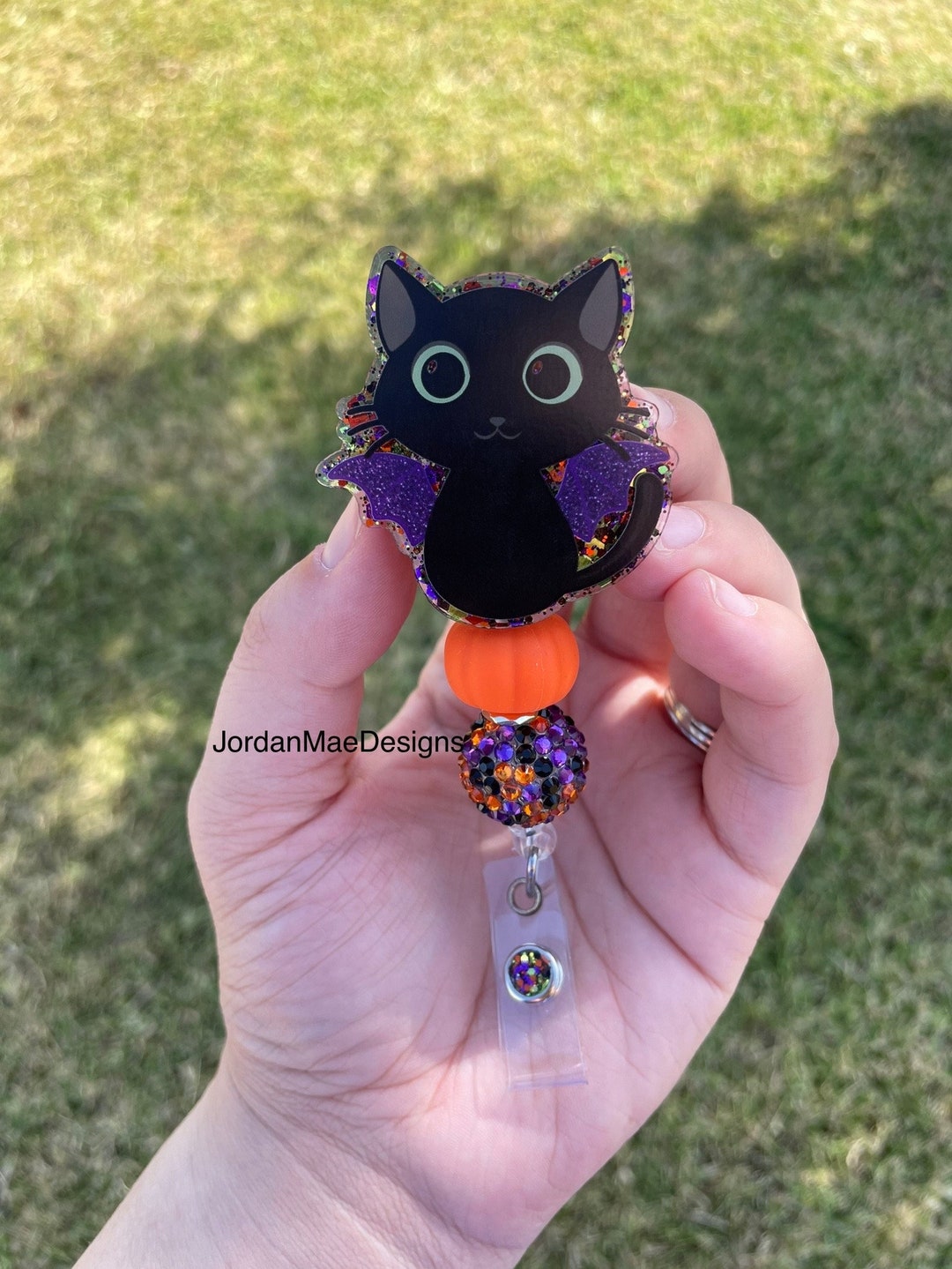 Bat Cat Halloween Badge Reel | Beaded Badge Reel | Nursing Badge Reel ...
