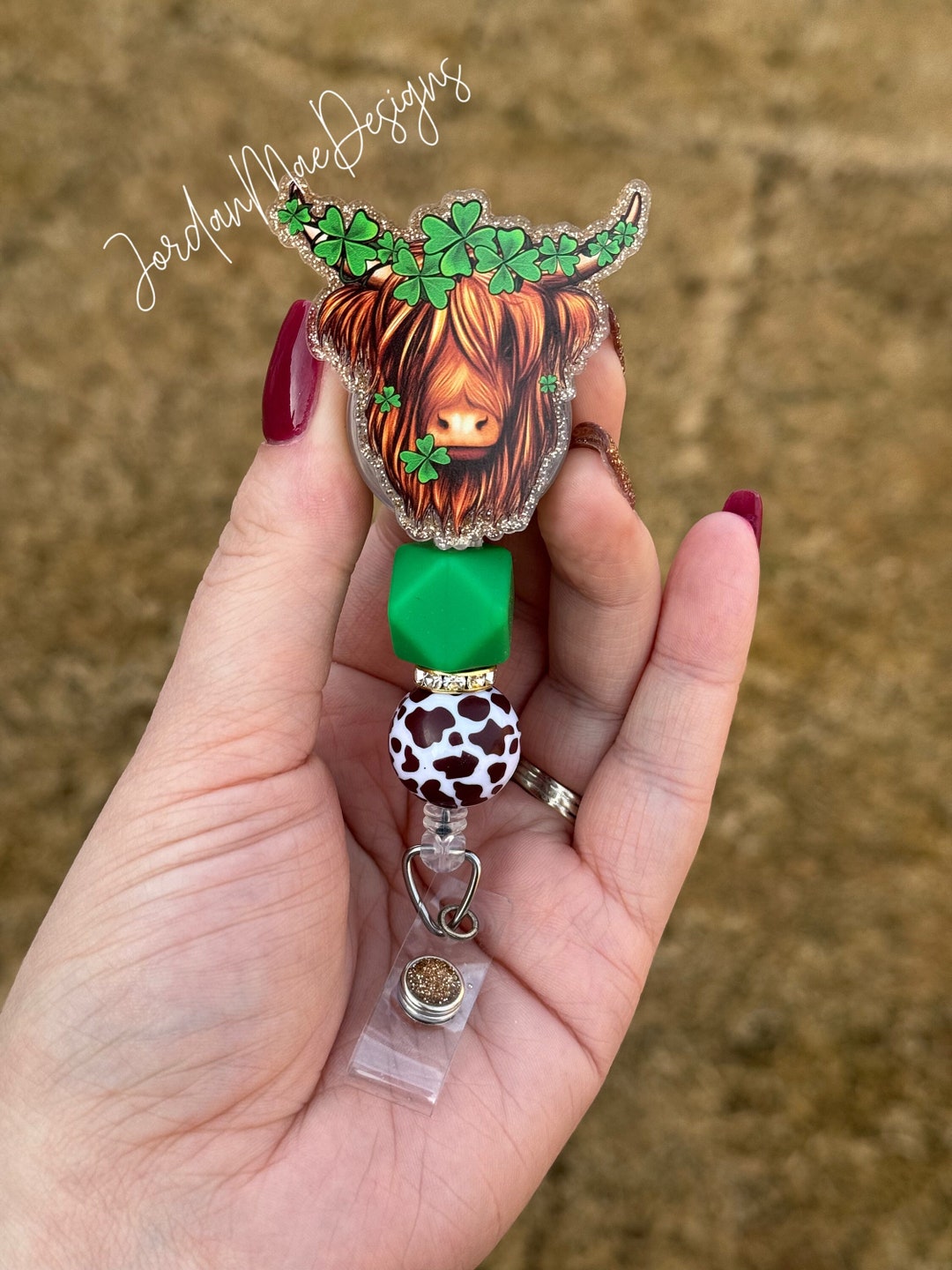 Highland Cow Print Badge Reel | St Patrick’s Day Badge Reel | Glitter ...