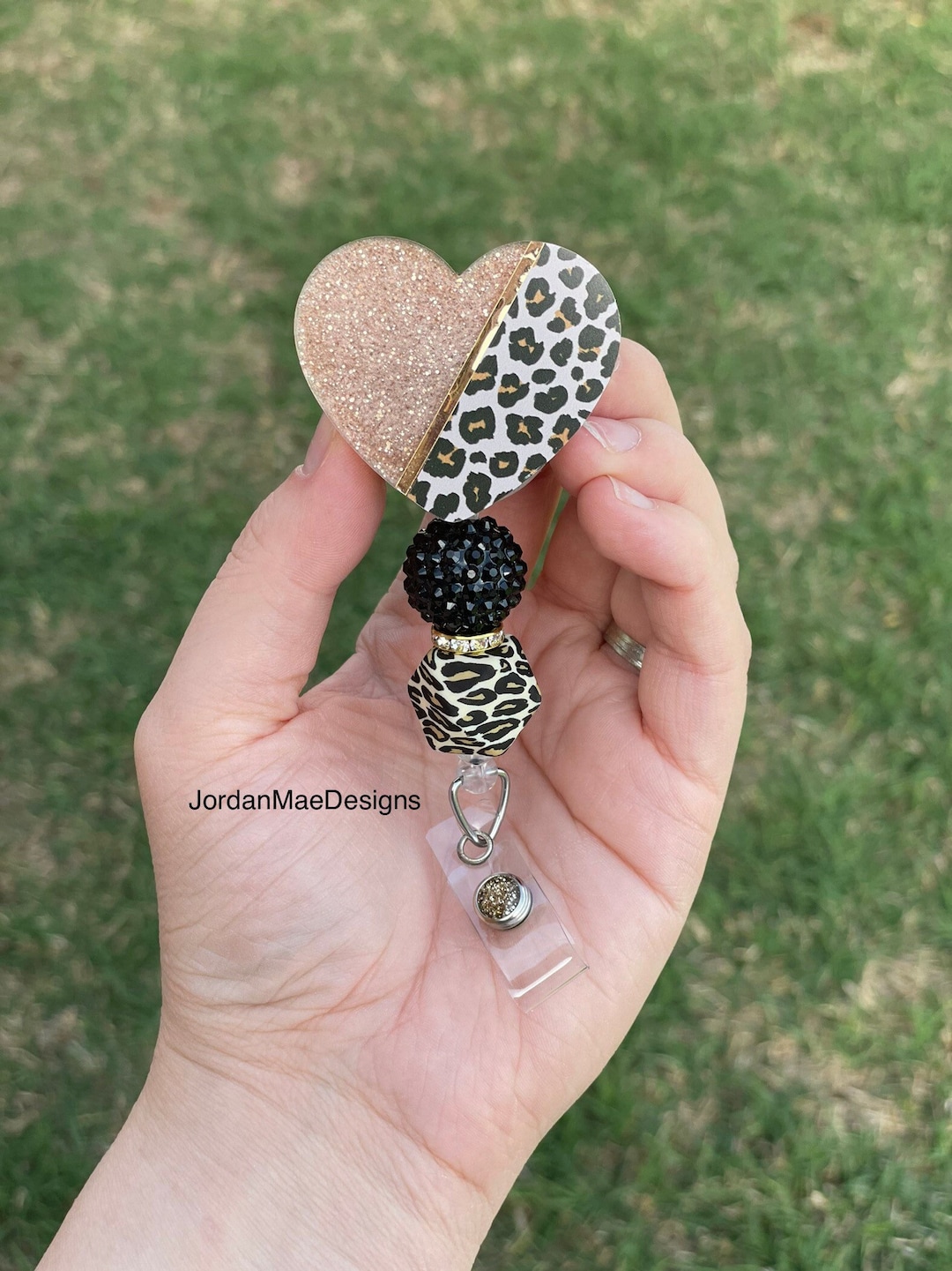Leopard Heart Badge Reel | Beaded Glitter Badge Reel | Gold Leopard ...