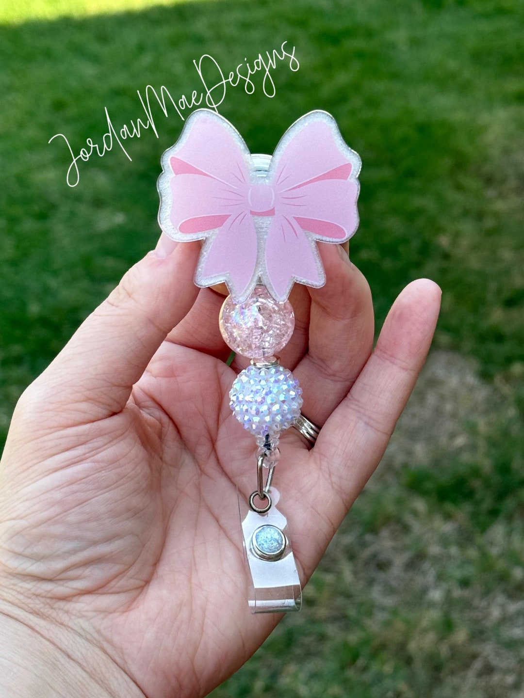 Light Pink Bow Badge Reel | Coquette Bow Beaded Badge Reel | Coquette ...