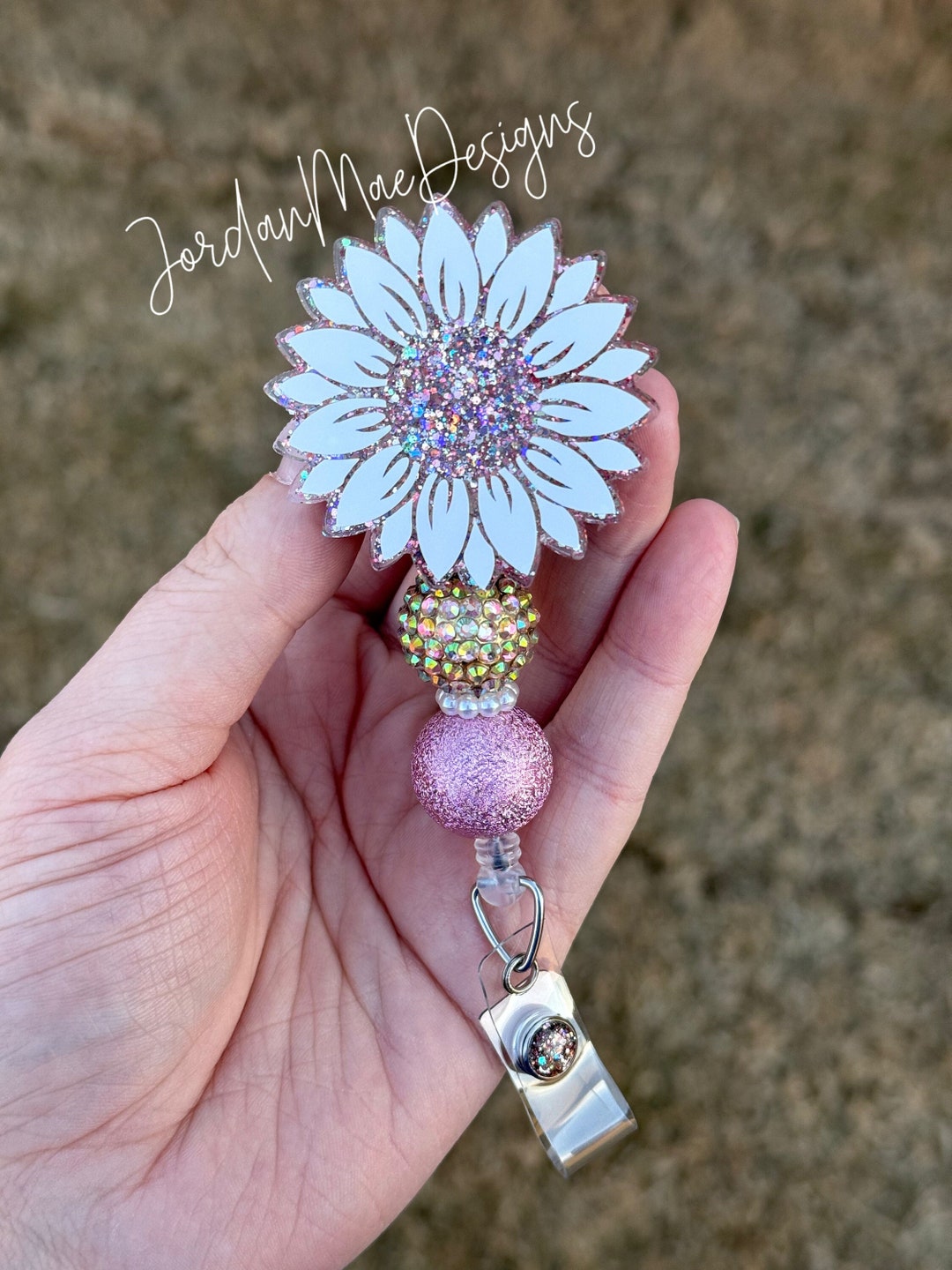 Pink Sunflower Badge Reel | Beaded Badge Reel | Gold and Pink Glitter ...