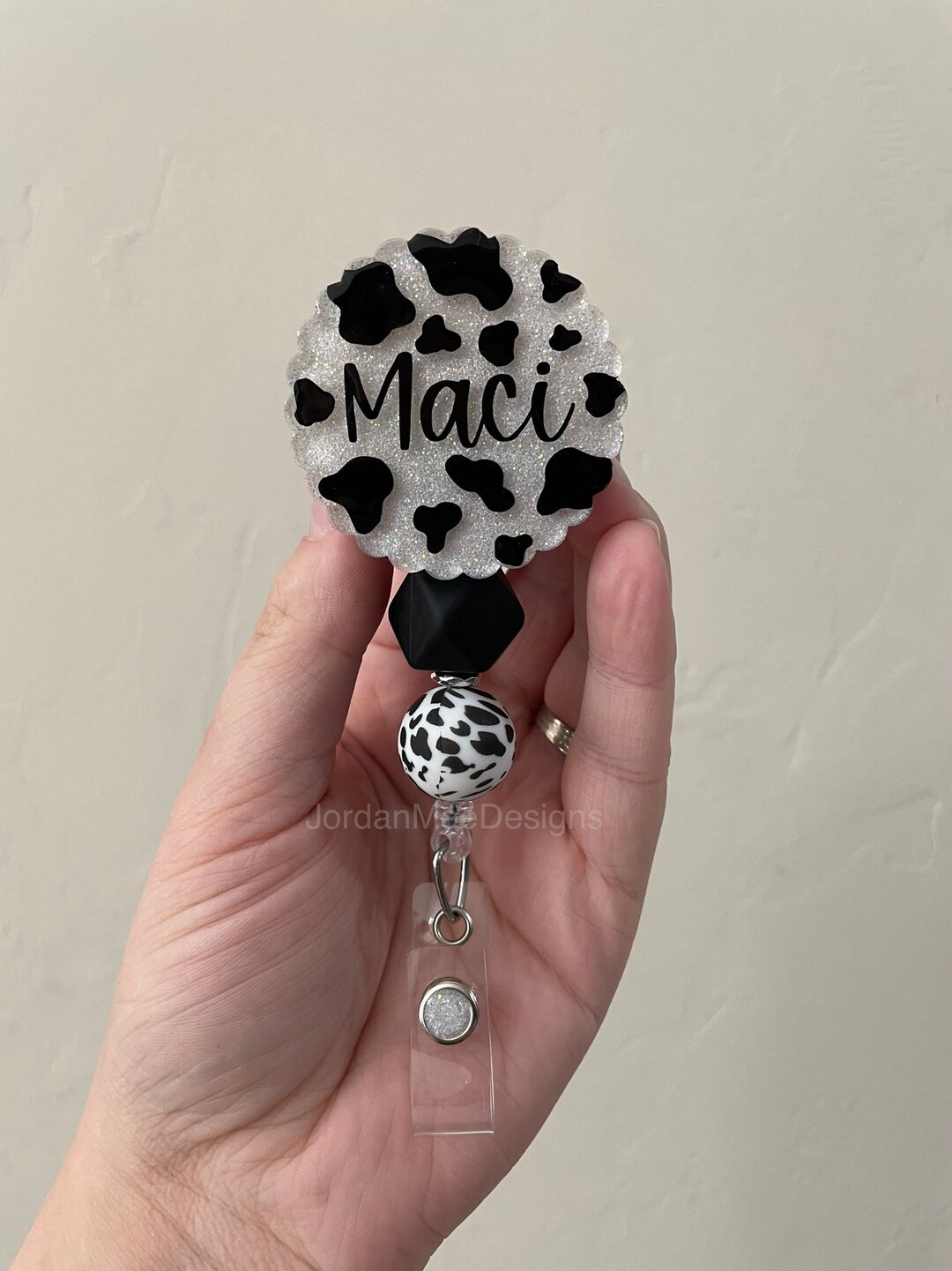 Cow Print Badge Reel | Personalized Beaded Badge Reel | Nursing Badge ...