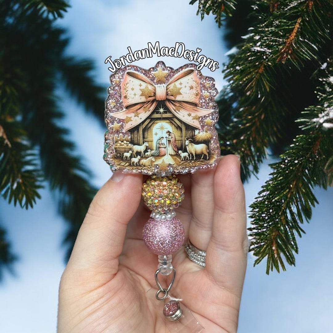 Nativity Scene Christmas Badge Reel | Bow Beaded Badge Reel | Rose Gold ...