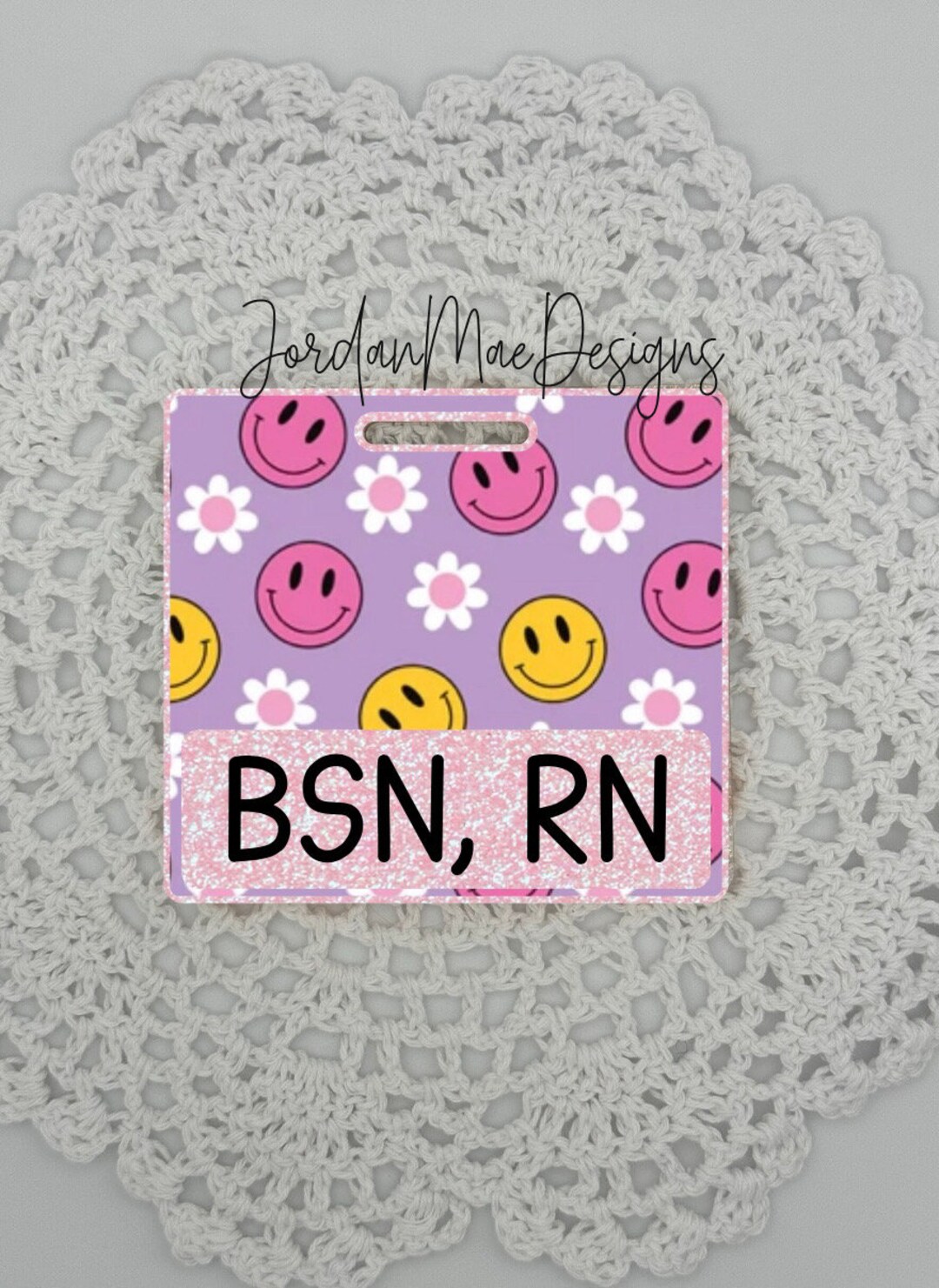 Purple Smiley Badge Buddy | Pink Smiley Glitter Badge Buddy | ID Holder ...