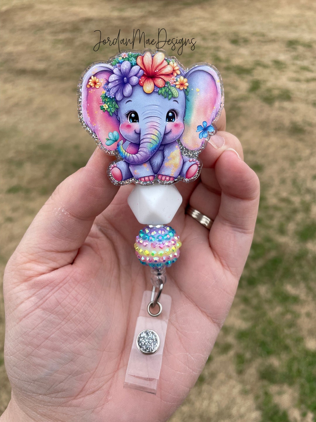 Elephant Badge Reel | Watercolor Beaded Badge Reel | Rainbow Nursing ...