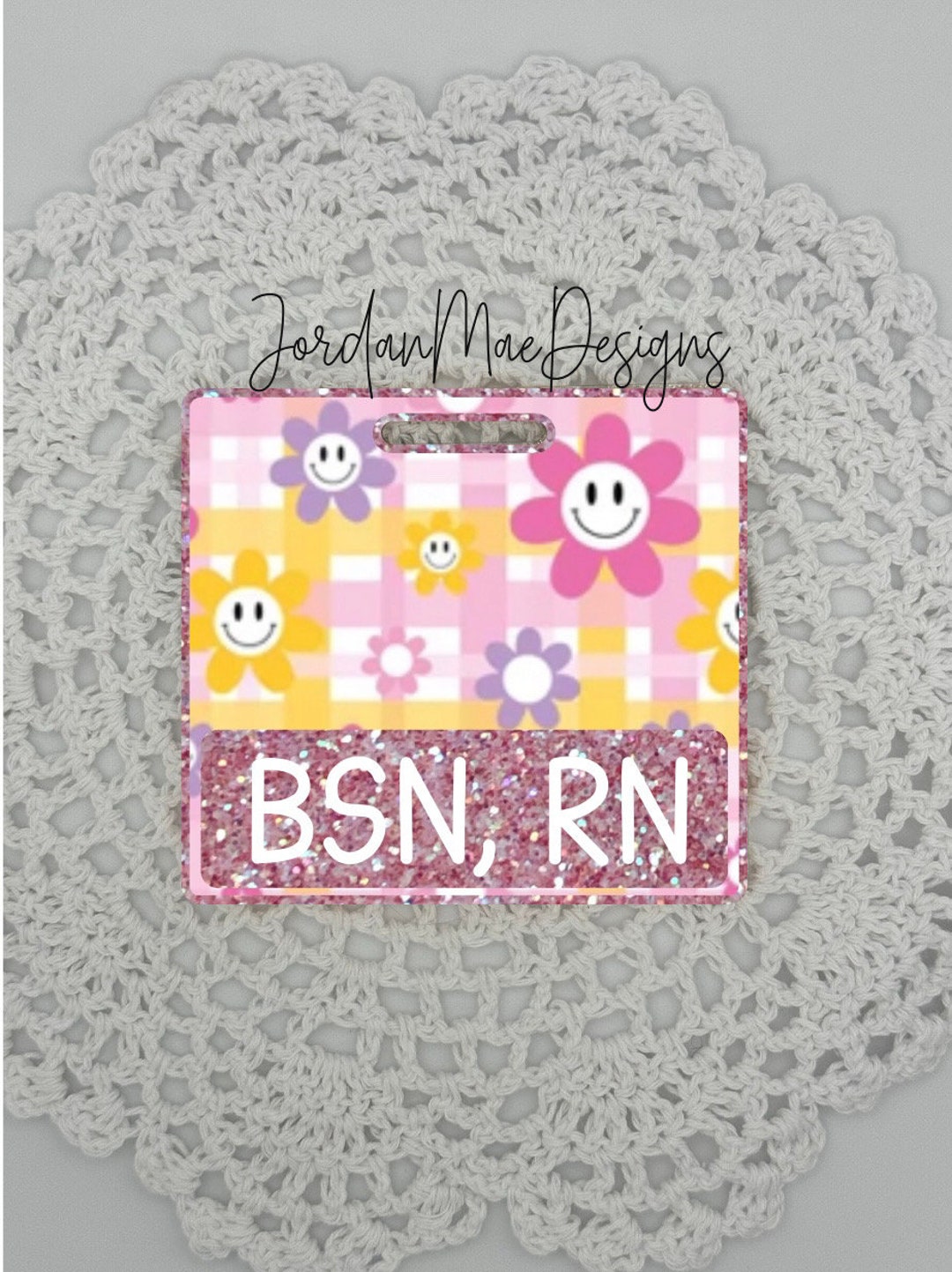 Pink Smiley Plaid Badge Buddy | Pink Daisy Smiley Glitter Badge Buddy ...