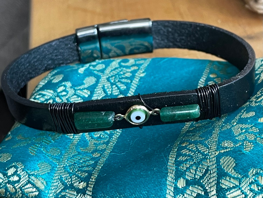 Men’s Jade Bracelet - Leather Jade Amulet Band - Good Luck Green ...