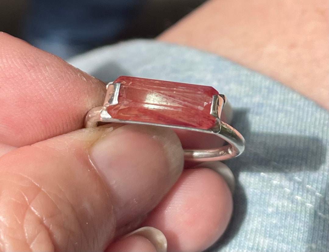 Rare Orange-red Andesine Baguette Ring - Orange Pink Silver Ring - Size ...