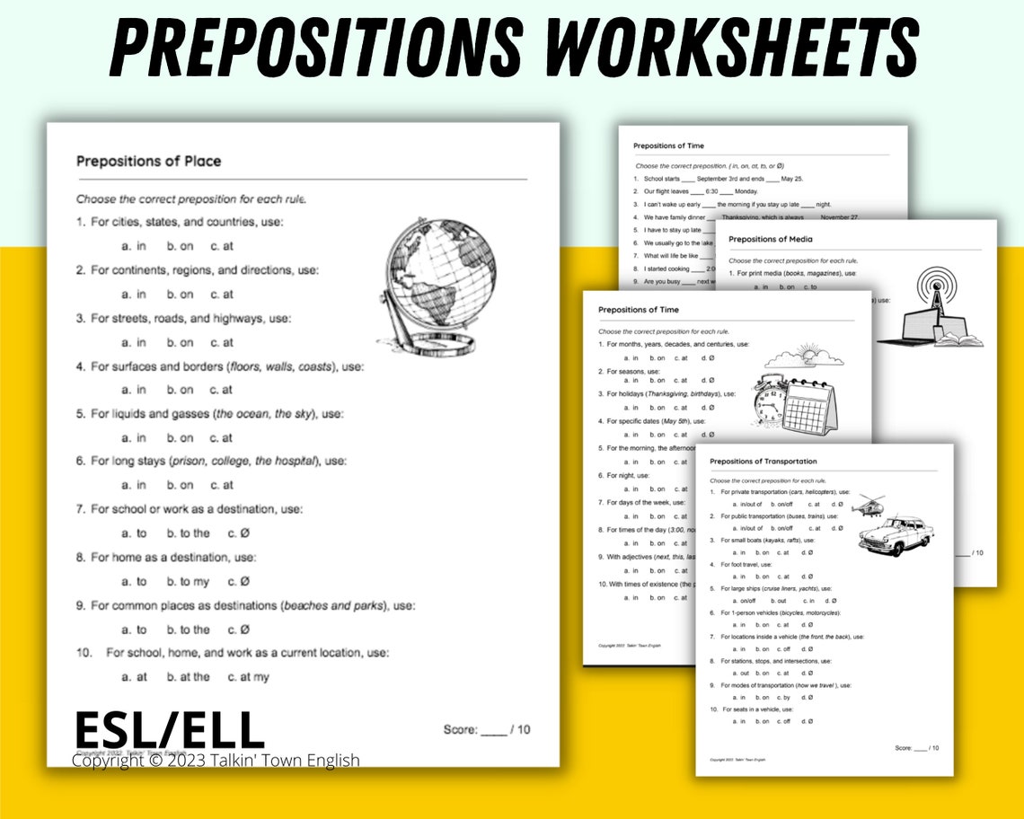 Pósteres de preposiciones y hojas de trabajo para In, On, At: conjunto ...