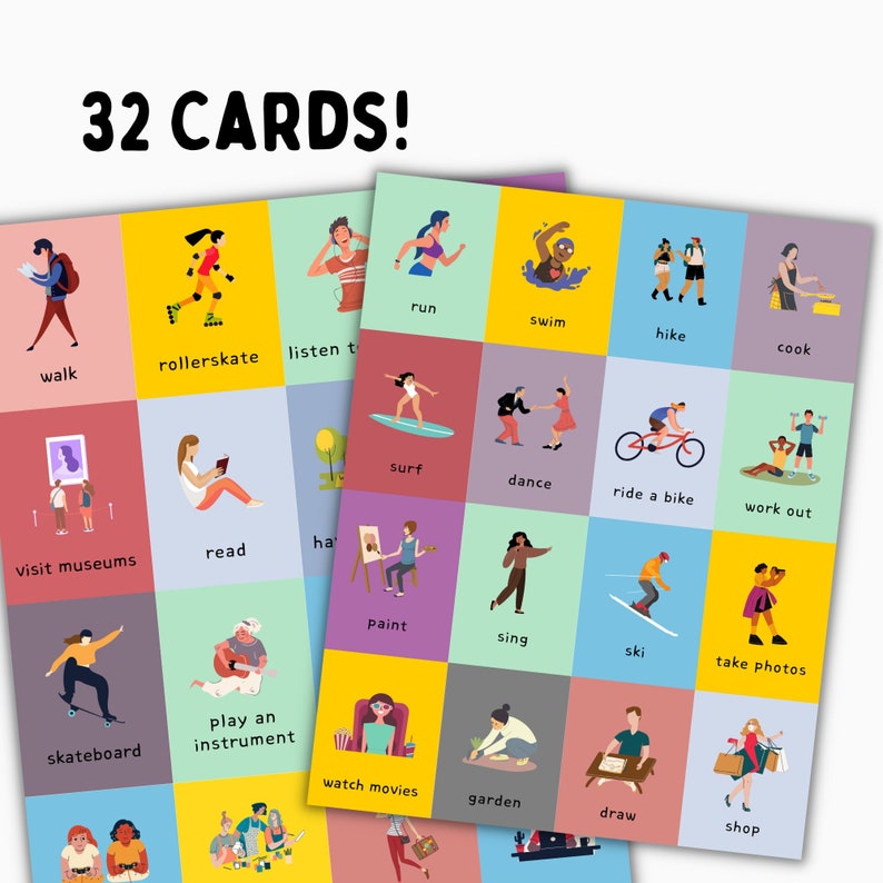 Hobbies Vocabulary Cards for ESL Games, Memory, Charades, and ...