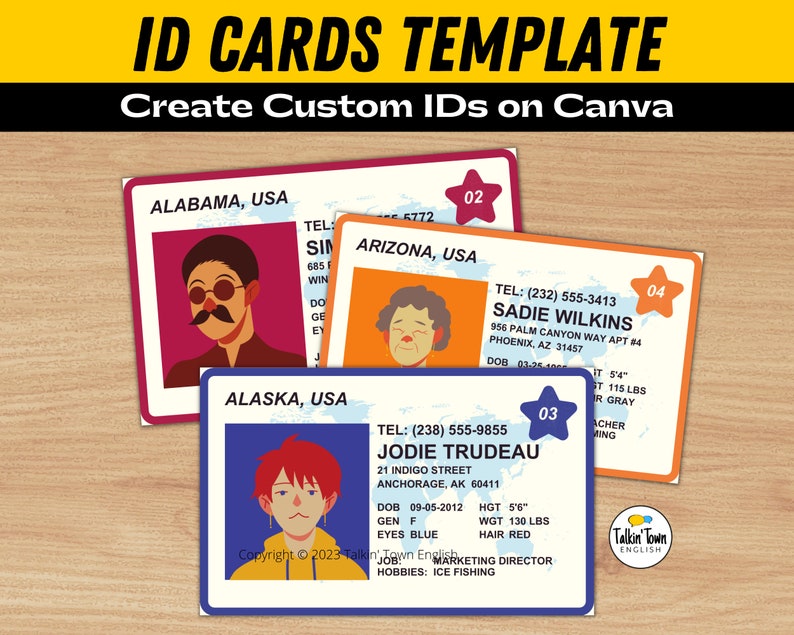 Printable ID Cards With 16 Illustrated Characters and Template to ...