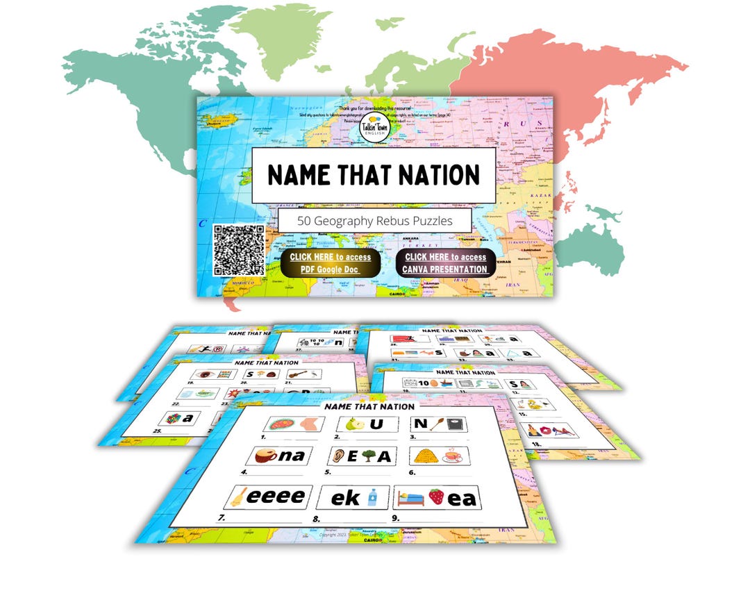 Geography Rebus Picture Puzzles: Pictograms of 50 Country Symbols ...