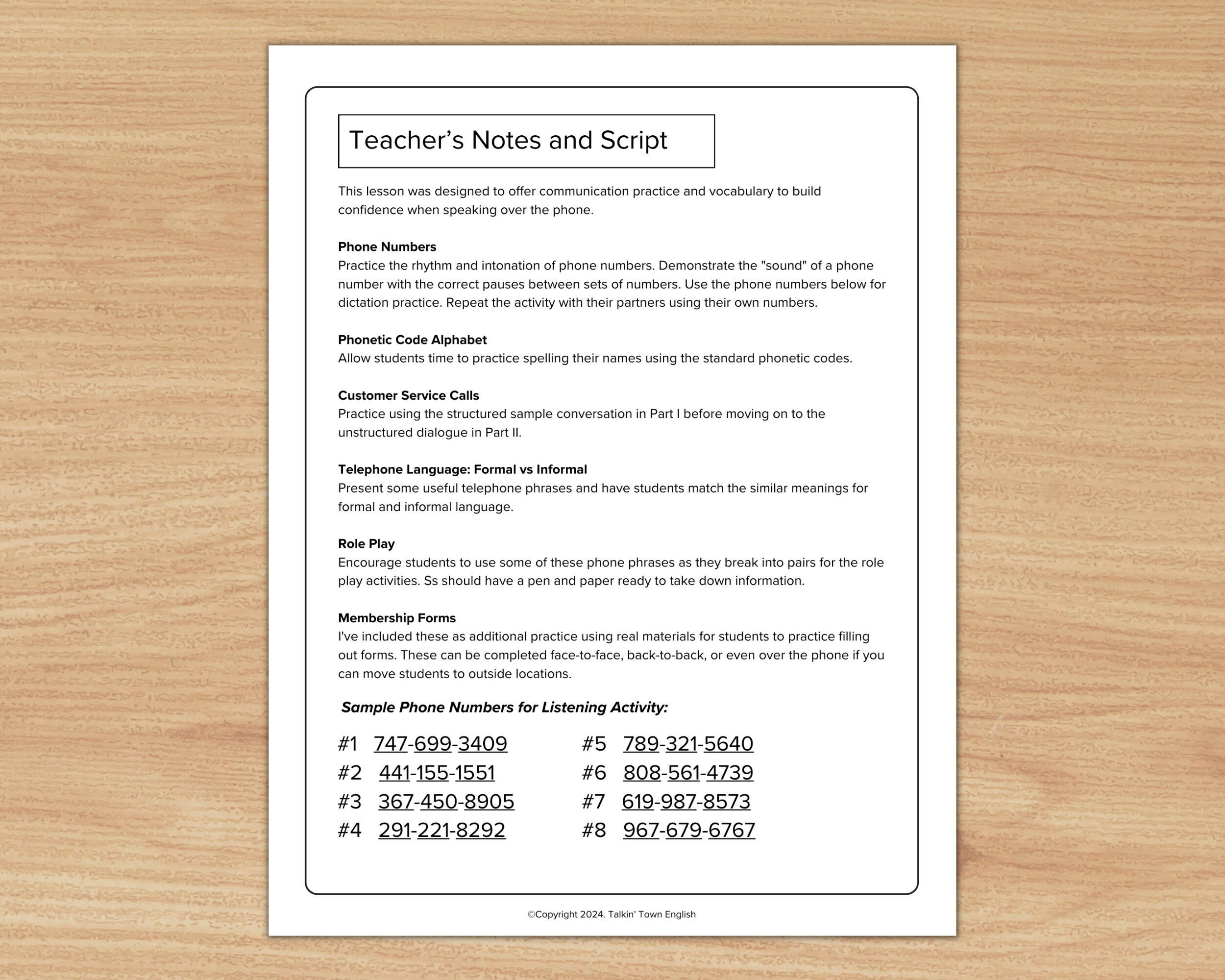Printable Telephone English Lesson Plan for Talking on the Phone ...