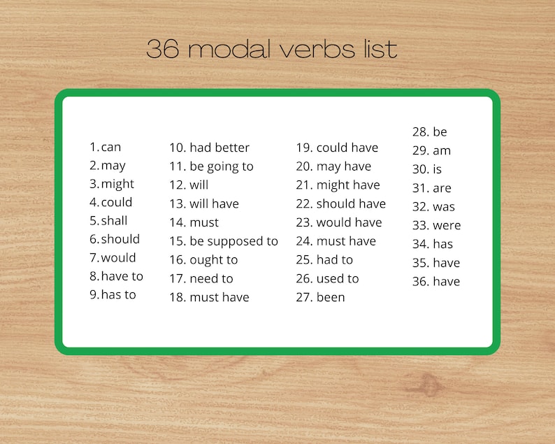 Printable Verb Flashcards ESL PDF: Deck of 36 Modal Auxiliary Verbs ...