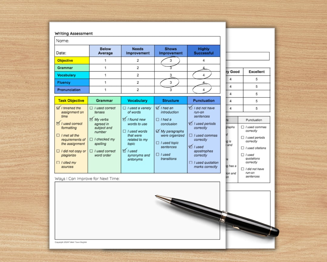 Writing Assessment Rubric Grading Worksheet and Template for ESL/ELL ...
