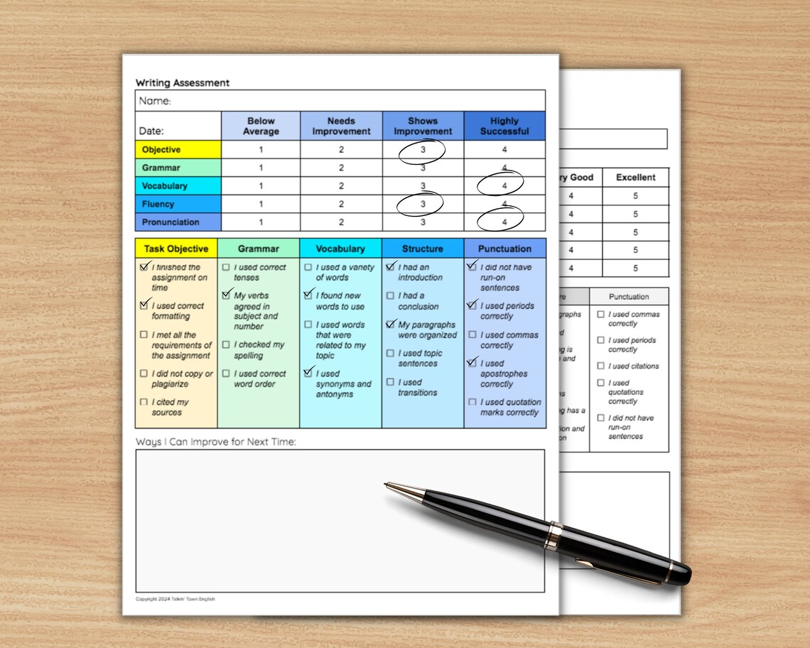 Writing Assessment Rubric Grading Worksheet and Template for ESL/ELL ...