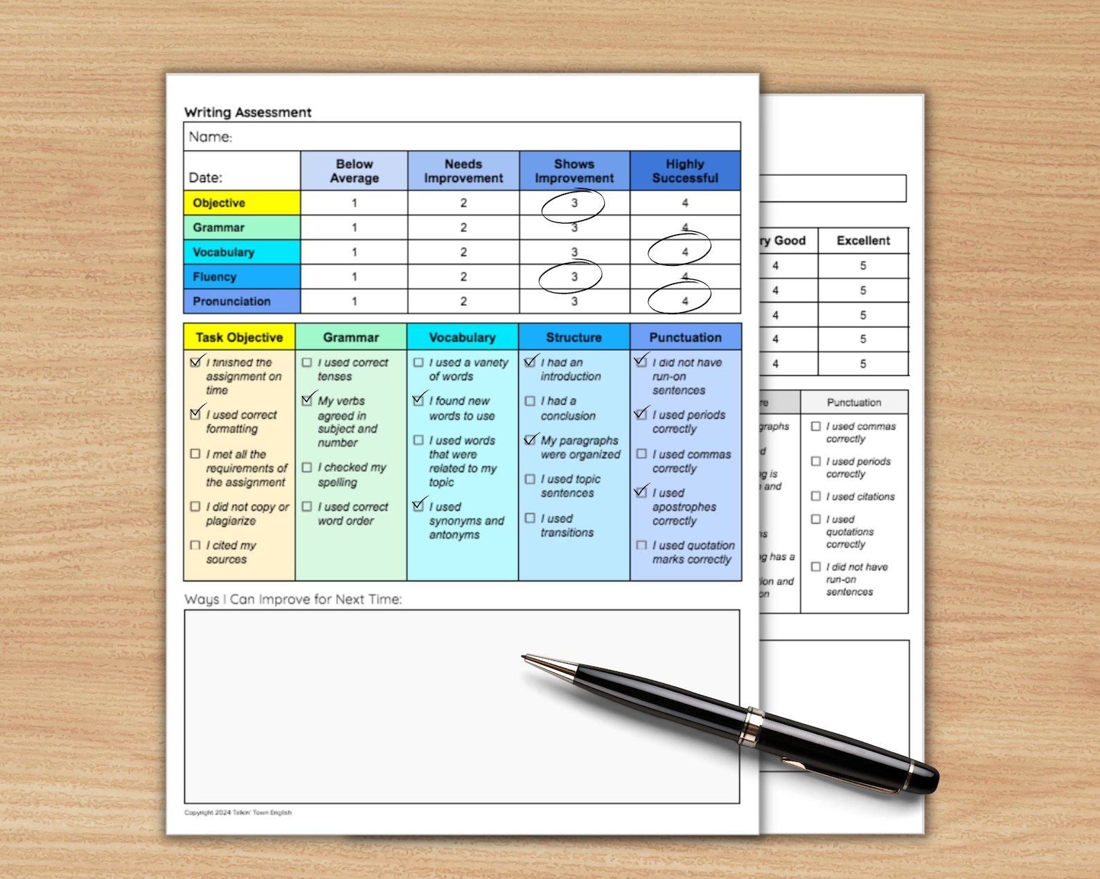 Writing Assessment Rubric Grading Worksheet and Template for ESL/ELL ...
