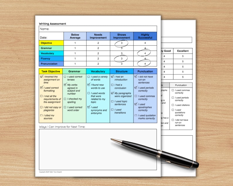 Writing Assessment Rubric Grading Worksheet and Template for ESL/ELL ...