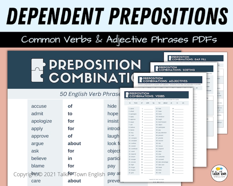 Dependent Prepositions List and Printable Worksheet Packet for ESL/ELL, English Grammar ...