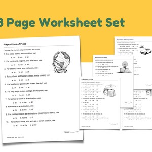 Preposition Posters and Practice Worksheets for In, On, At, English ...
