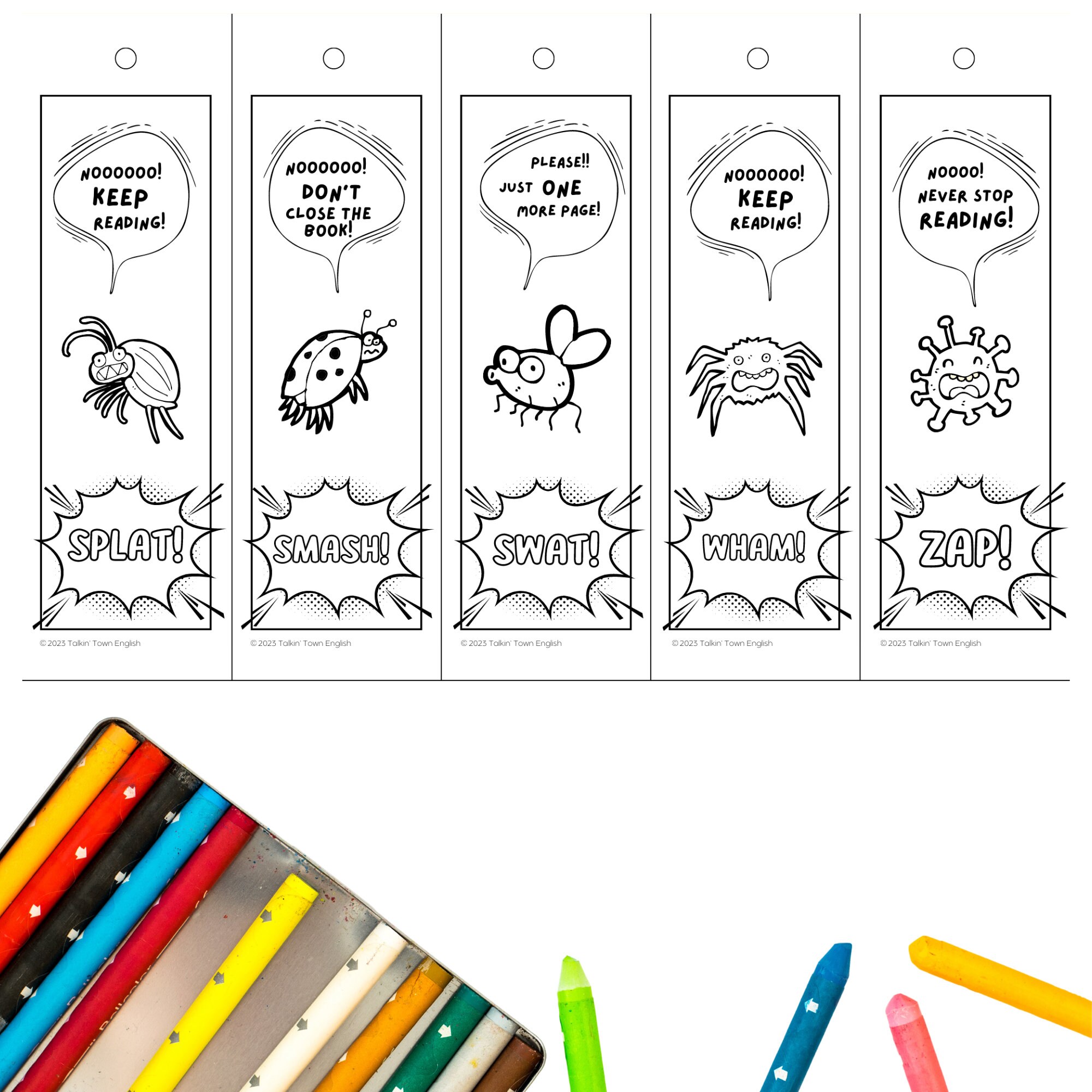 Bugmarks Kids Coloring Bookmarks: 5 Funny Designs in 3 Colors With ...