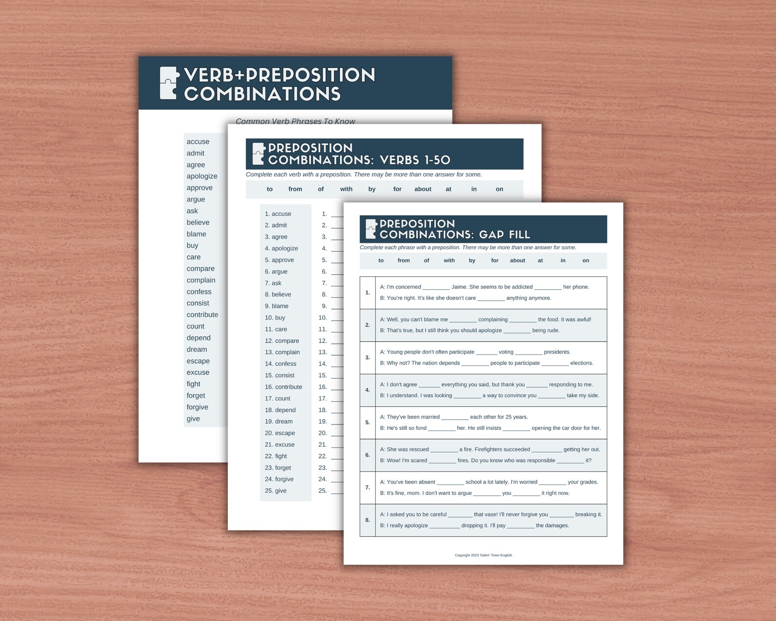 Dependent Prepositions List and Printable Worksheet PDF Set for ESL/ELL ...