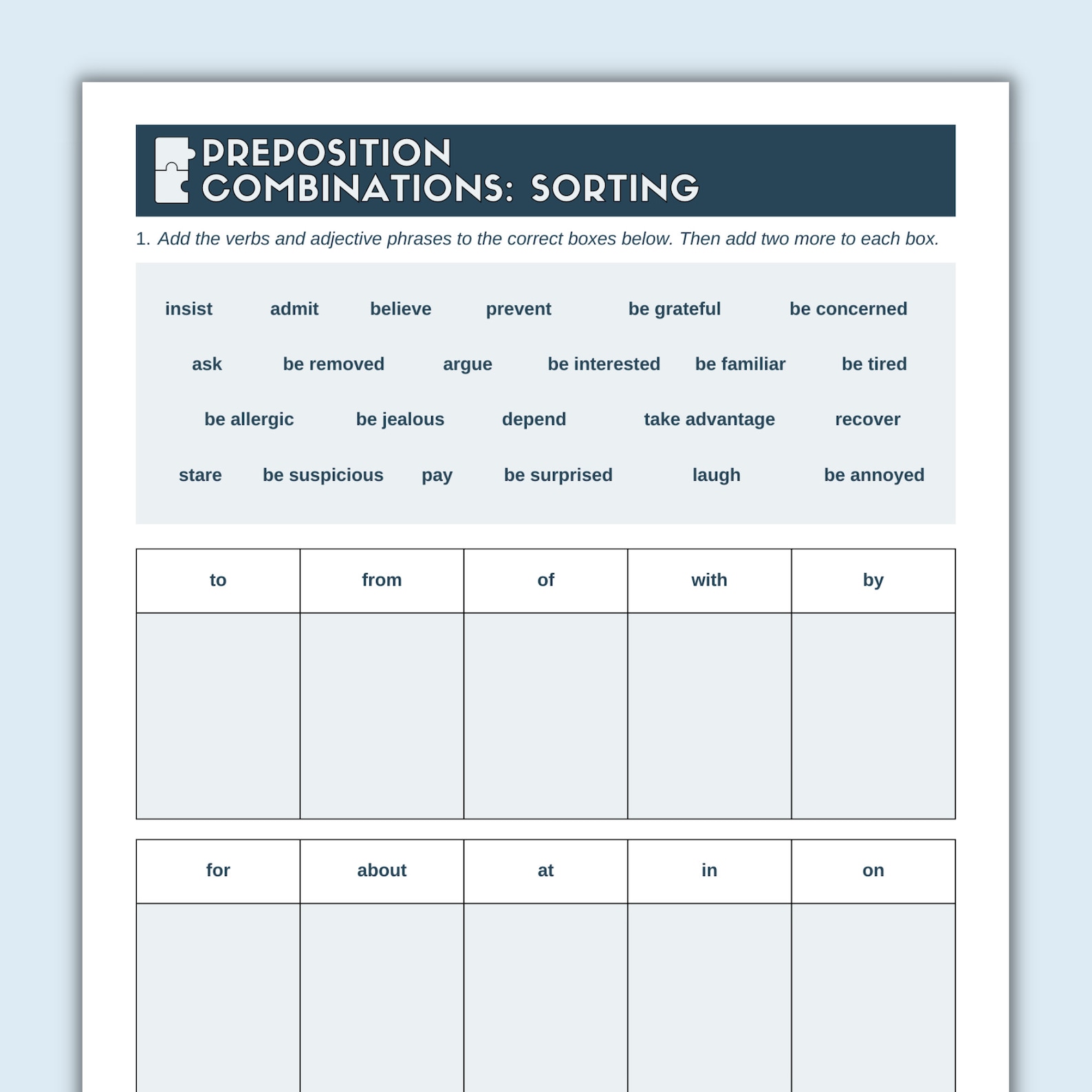 Dependent Prepositions List Worksheet Packet for ESL/ELL, English Grammar Worksheets - Etsy