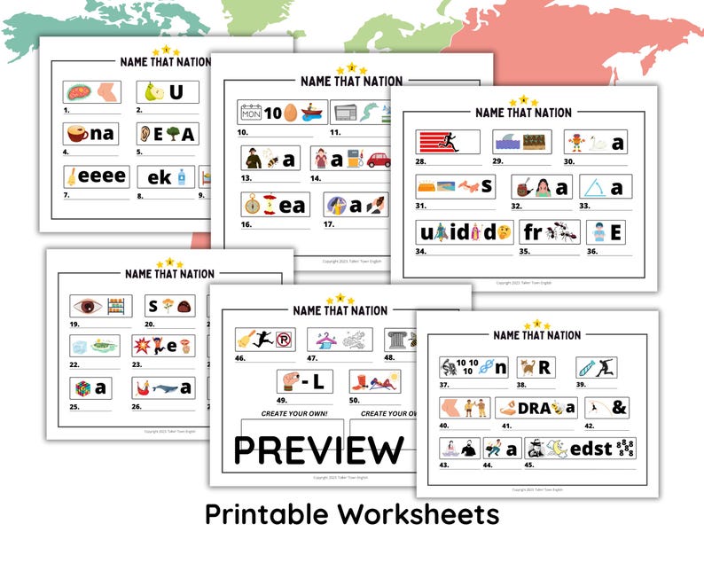 Geography Rebus Picture Puzzles: Pictograms of 50 Country Symbols ...